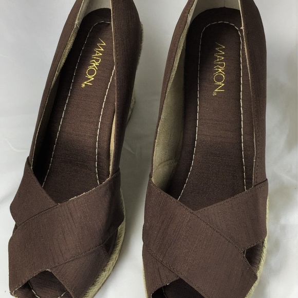 Markon | Shoes | Espadrille Wedges Markon Gio Brown Shimmer Fabric ...